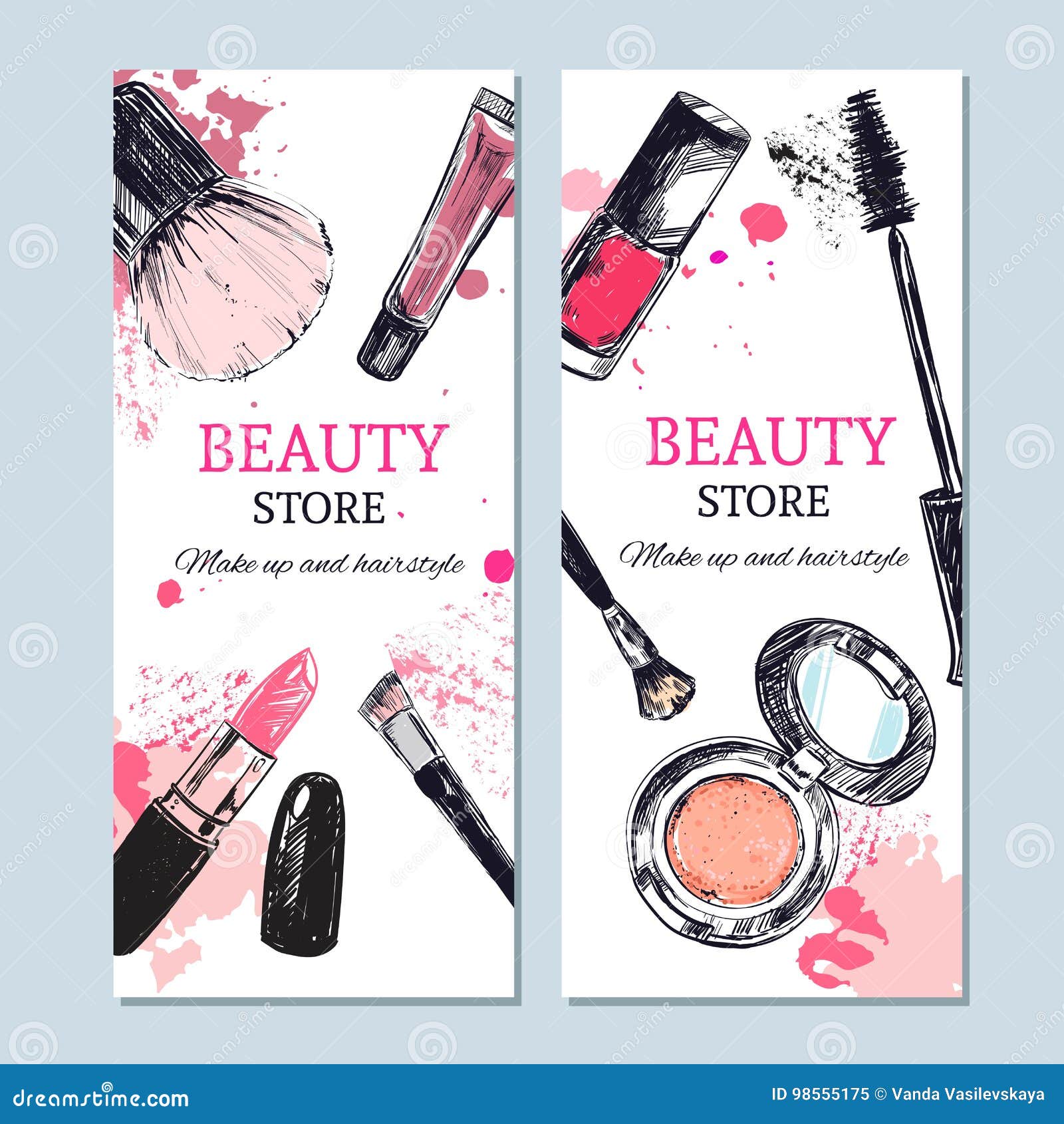 Beauty Store Banner with Make Up Objects. Template Vector. Hand Drawn ...