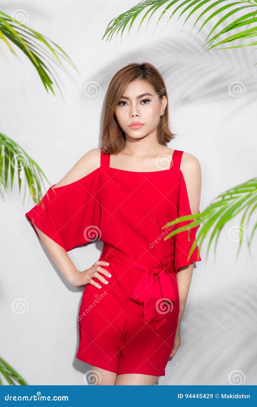 Beauty Summer Beautiful Asian Woman Between Palm Leaves Stock Image