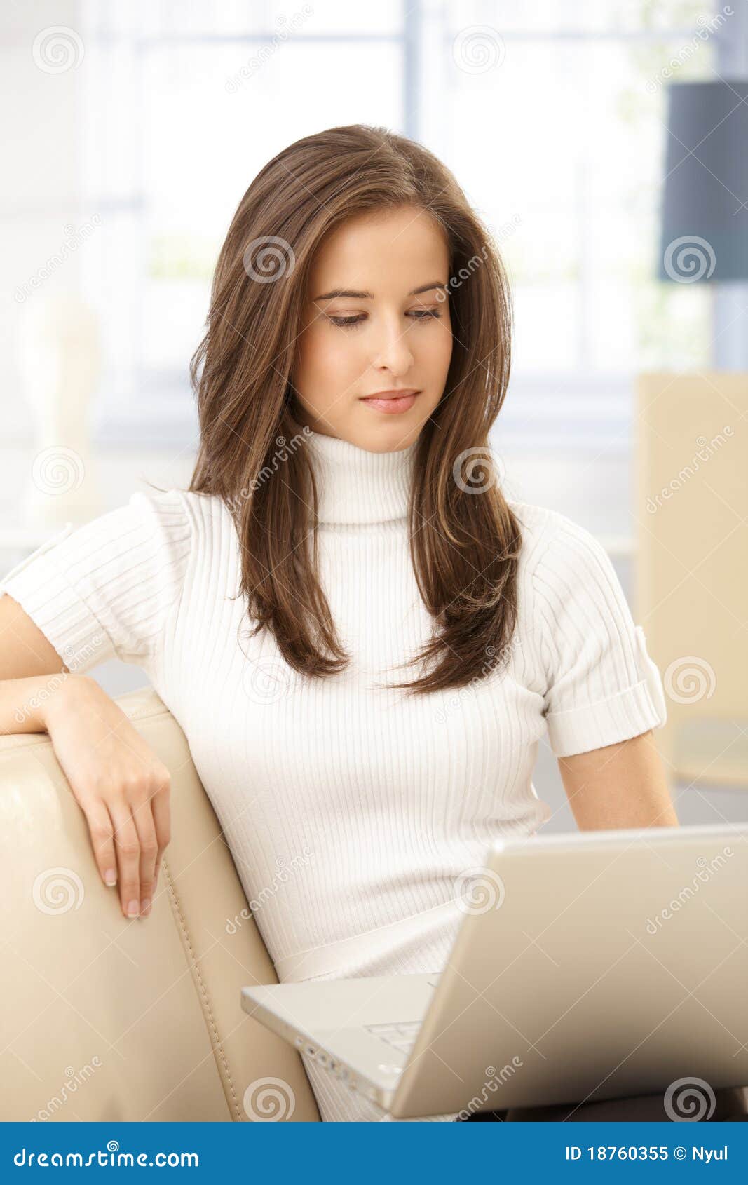Beauty Using Laptop at Home Stock Image - Image of living, brunette ...