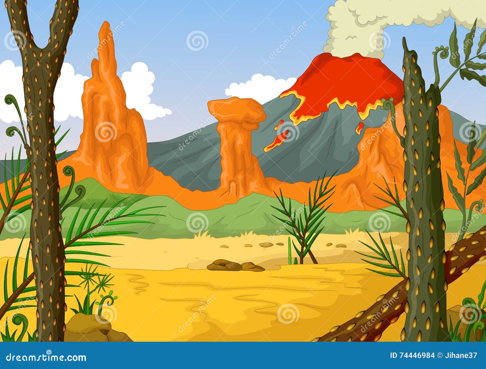 Beauty Volcano with Forest Landscape Background Stock Illustration ...