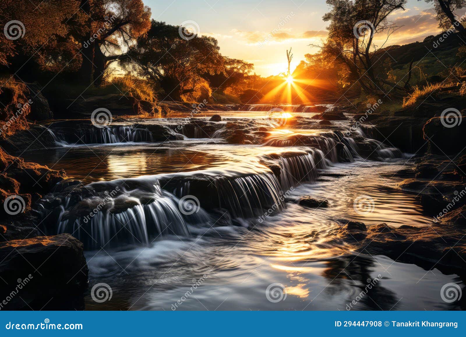 The Beauty of the Waterfall with the Sunrise in the Morning Stock ...