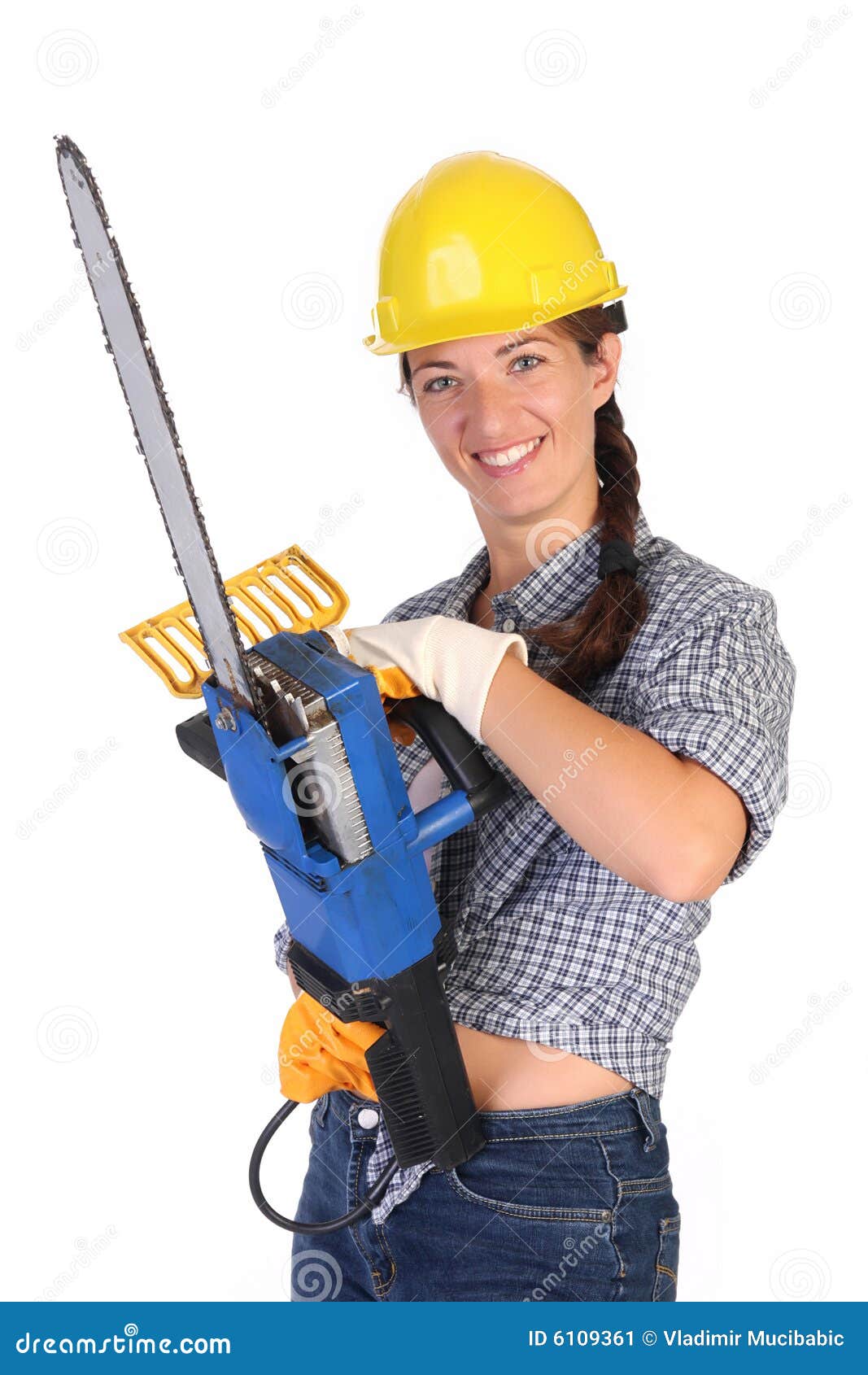 Beauty woman with chainsaw stock image. Image of power - 6109361