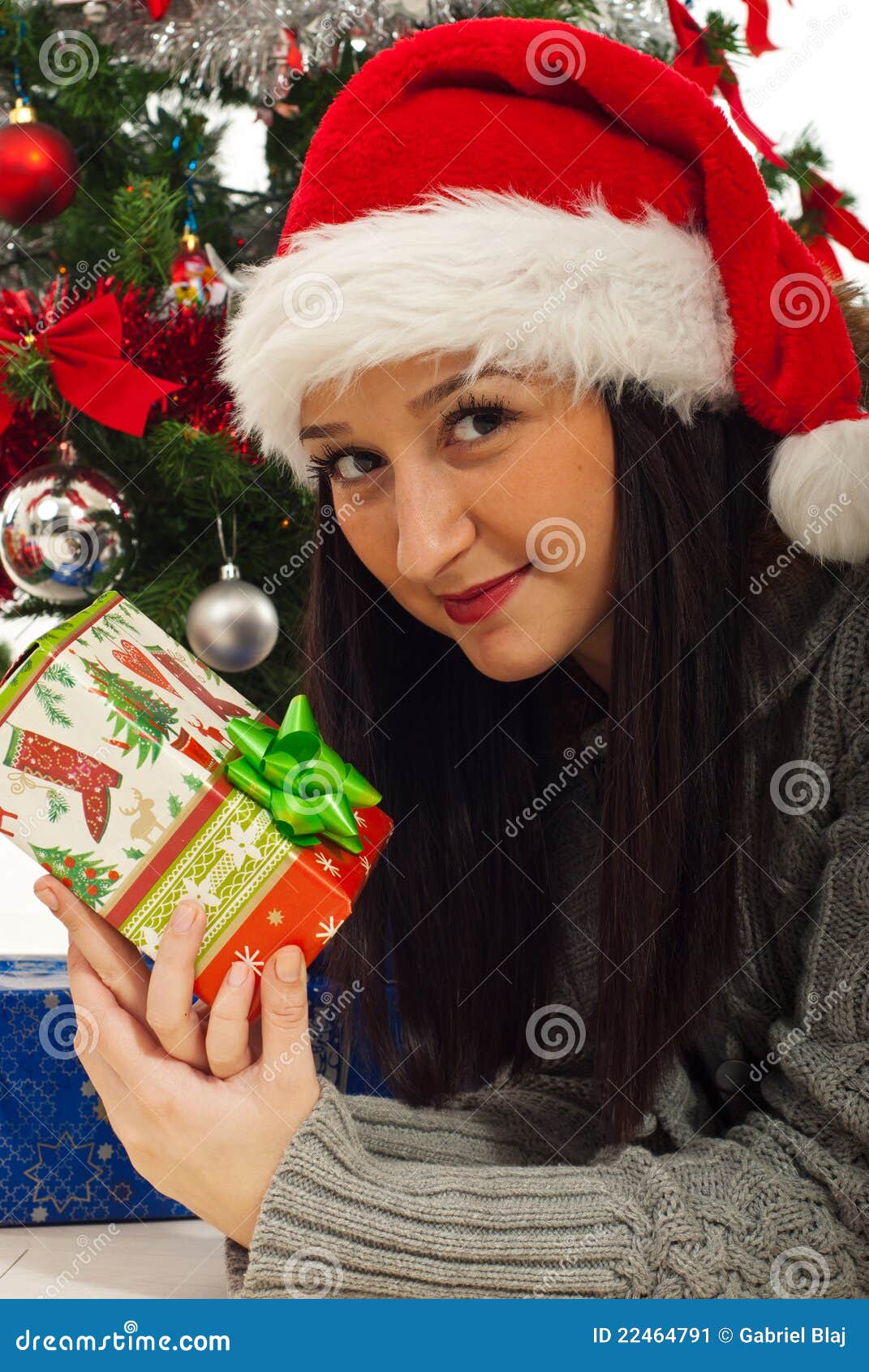 Beauty Woman by Christmas Tree Stock Image - Image of hold, cheerful ...