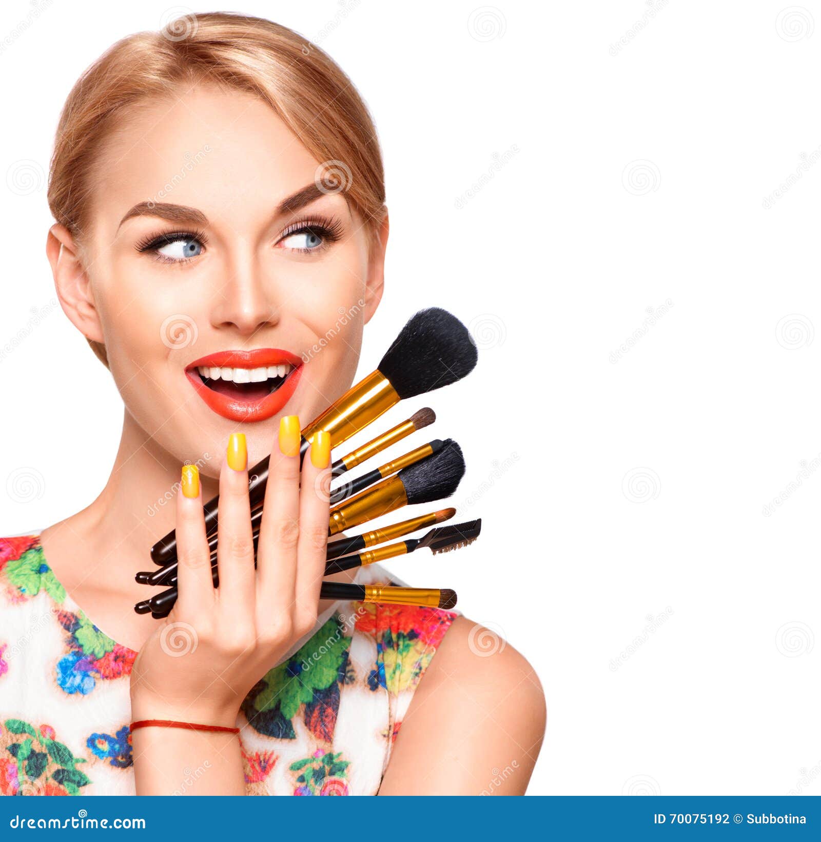 Beauty Woman with Makeup Brushes Stock Photo - Image of facial, blue ...