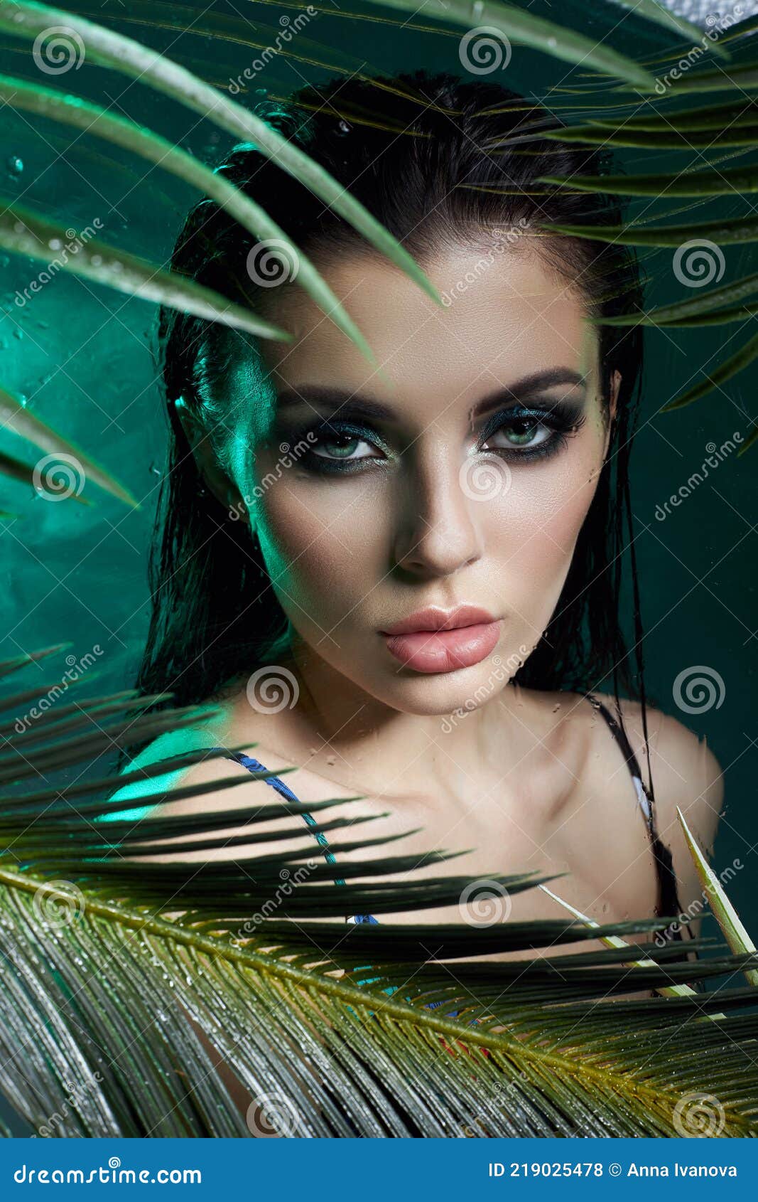 Tropical Portrait Sexy Woman In Leaves Palm Tree Bright Green Makeup