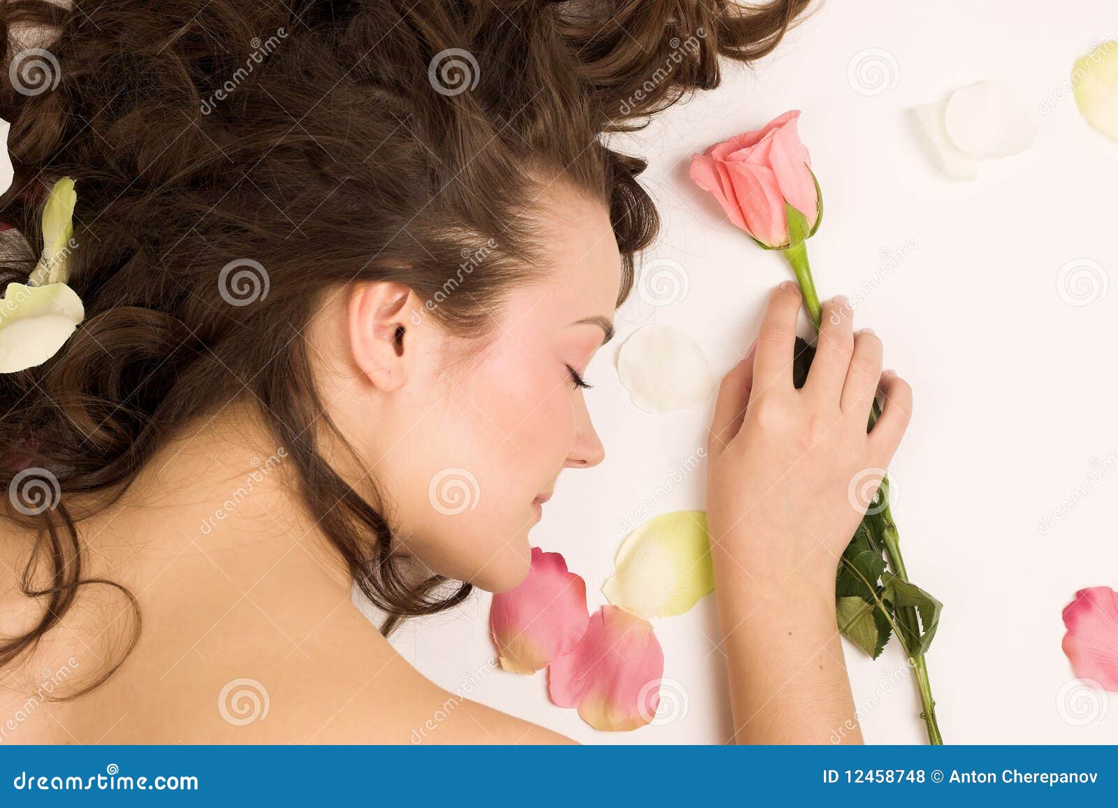 Beauty Woman Sleep with Rose Stock Photo - Image of lips, rose: 12458748