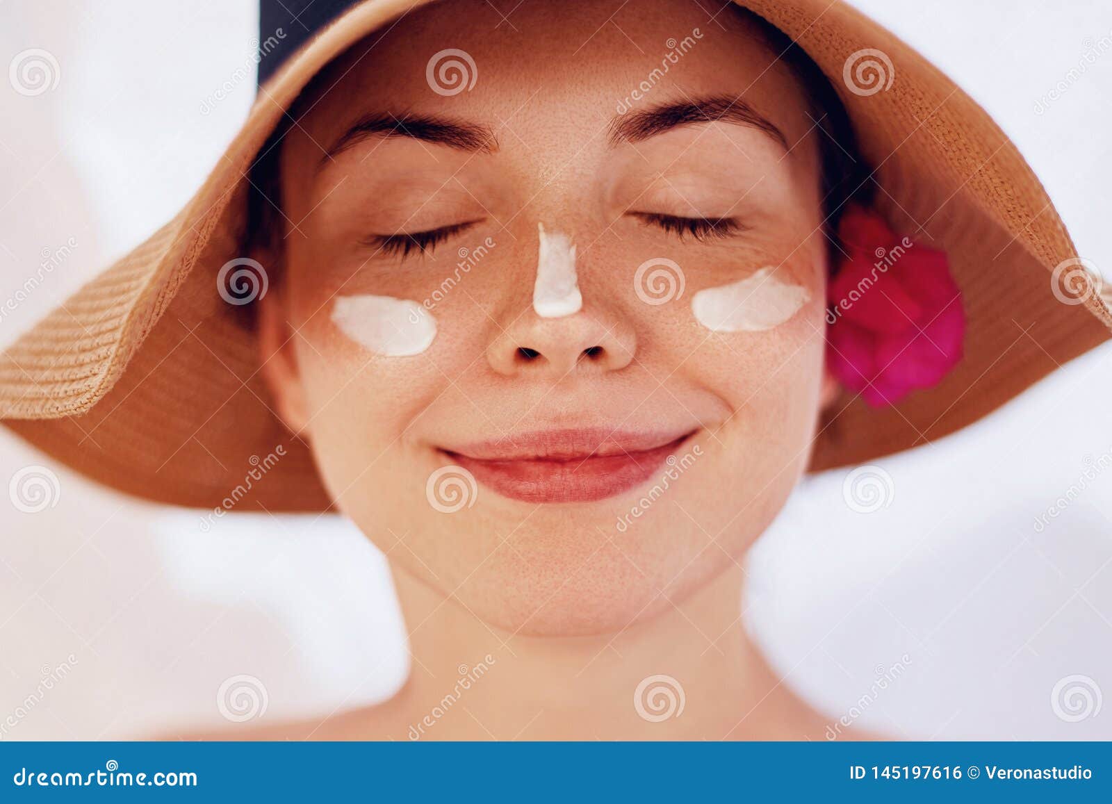 Beauty Woman Smile Applying Sun Cream On Face Skin Care Body Sun