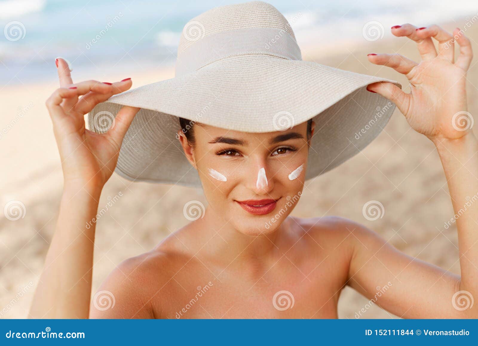 Beauty Woman Smile Applying Sun Cream On Face Skin Care Body Sun