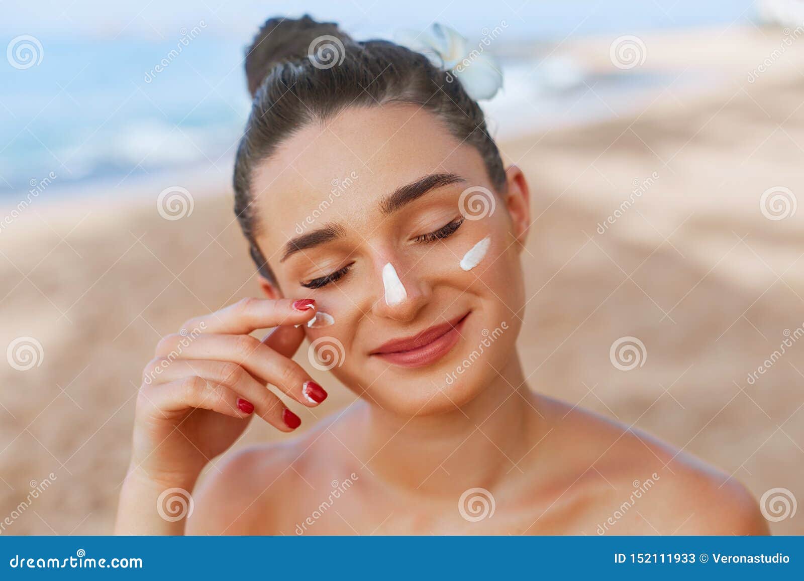 Beauty Woman Smile Applying Sun Cream On Face Skincare Body Sun