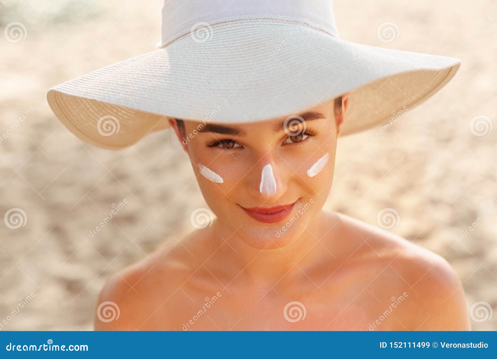 Beauty Woman Smile Applying Sun Cream On Face Skincare Body Sun