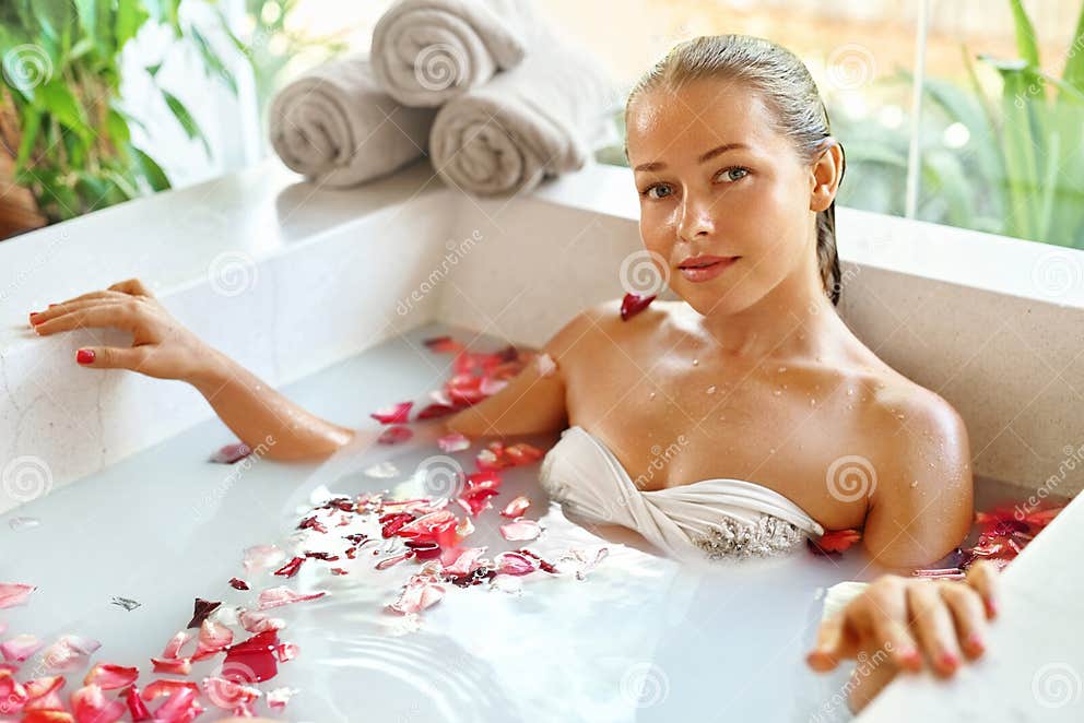 Beauty Woman Spa Body Care Treatment Flower Bath Tub Skincare Stock