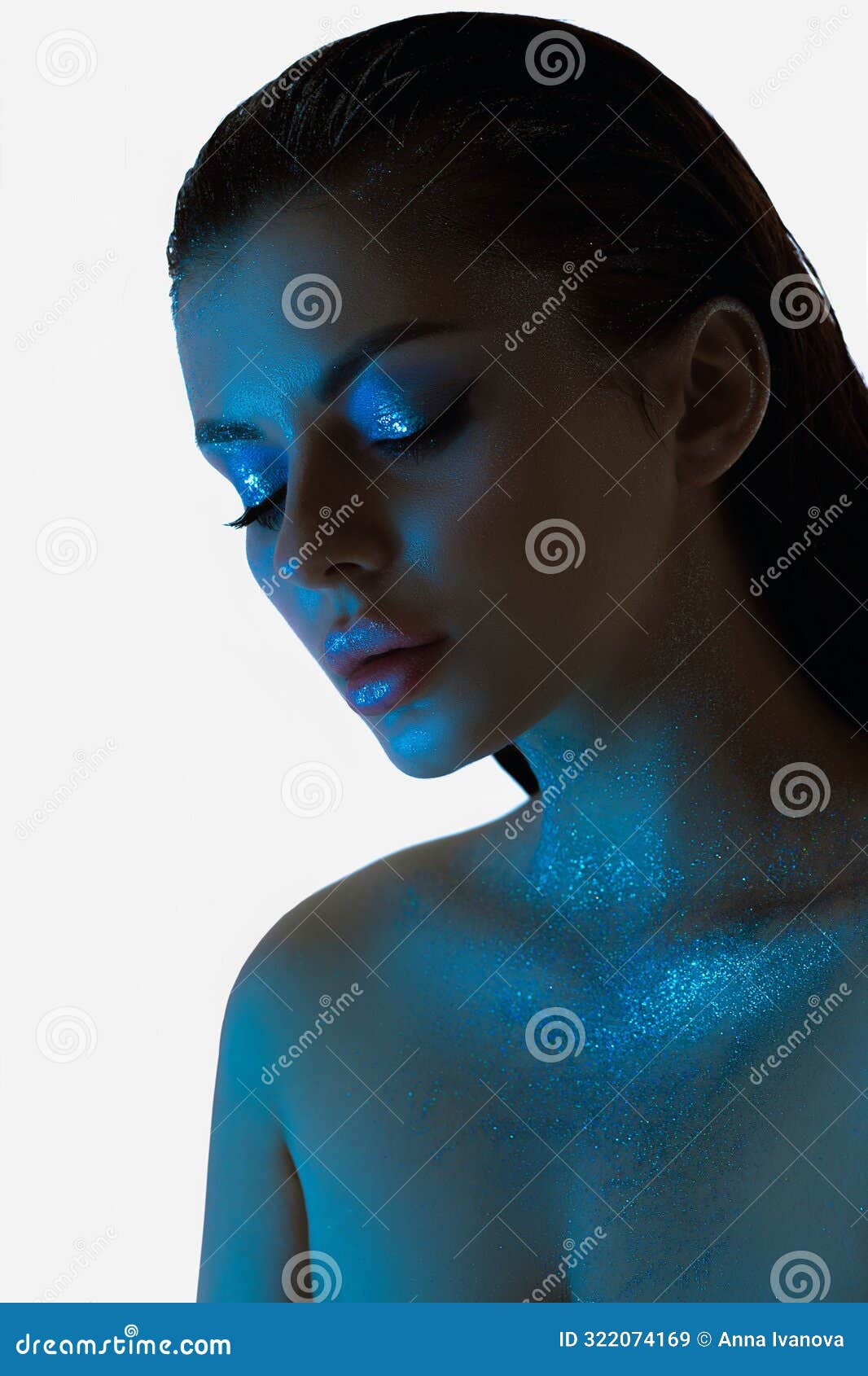 Beauty Young Womans Profile, Soft Blue Light, Makeup Face Cosmetic ...