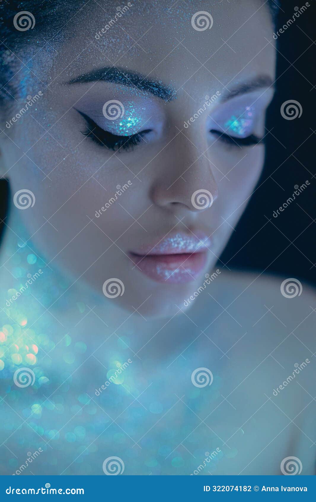 Beauty Young Womans Profile, Soft Blue Light, Makeup Face Cosmetic ...