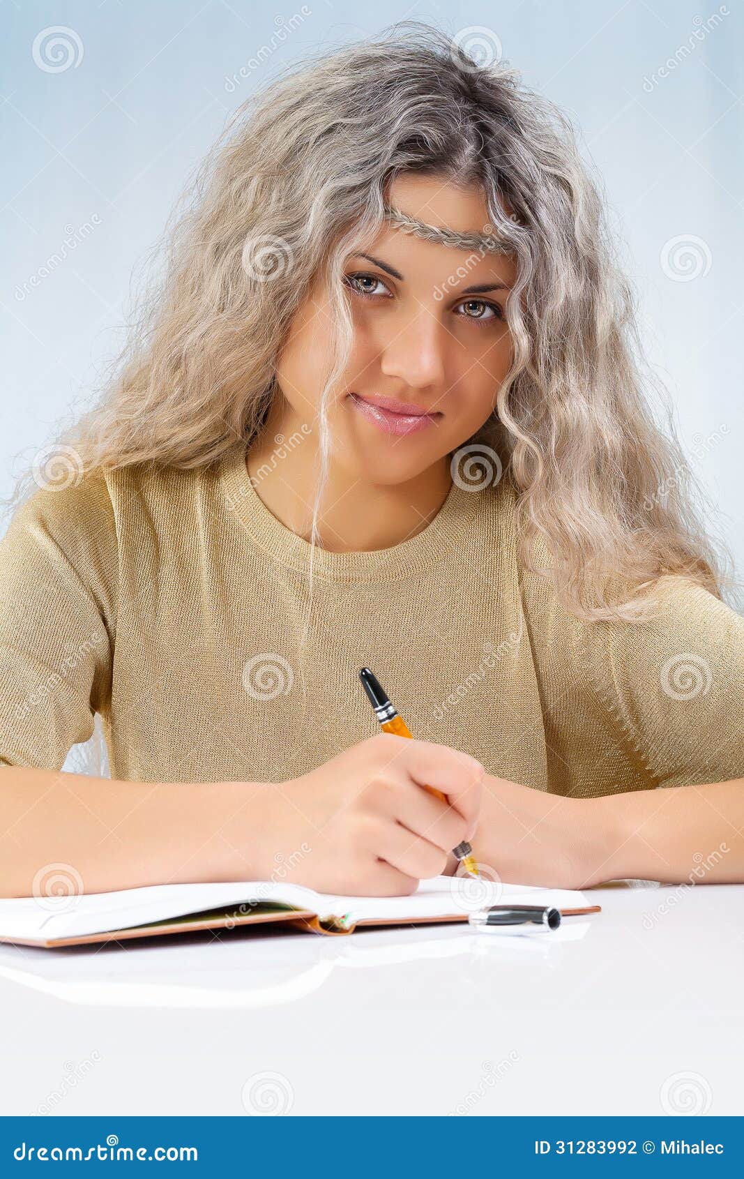 Beautyful Blonde Writing with a Ballpoint Pen Stock Photo - Image of ...
