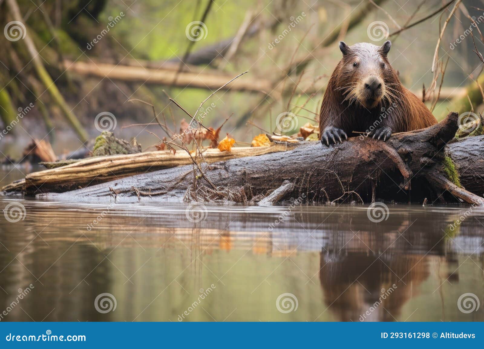 A beaver building a dam stock photo. Image of ecosystem - 293161298