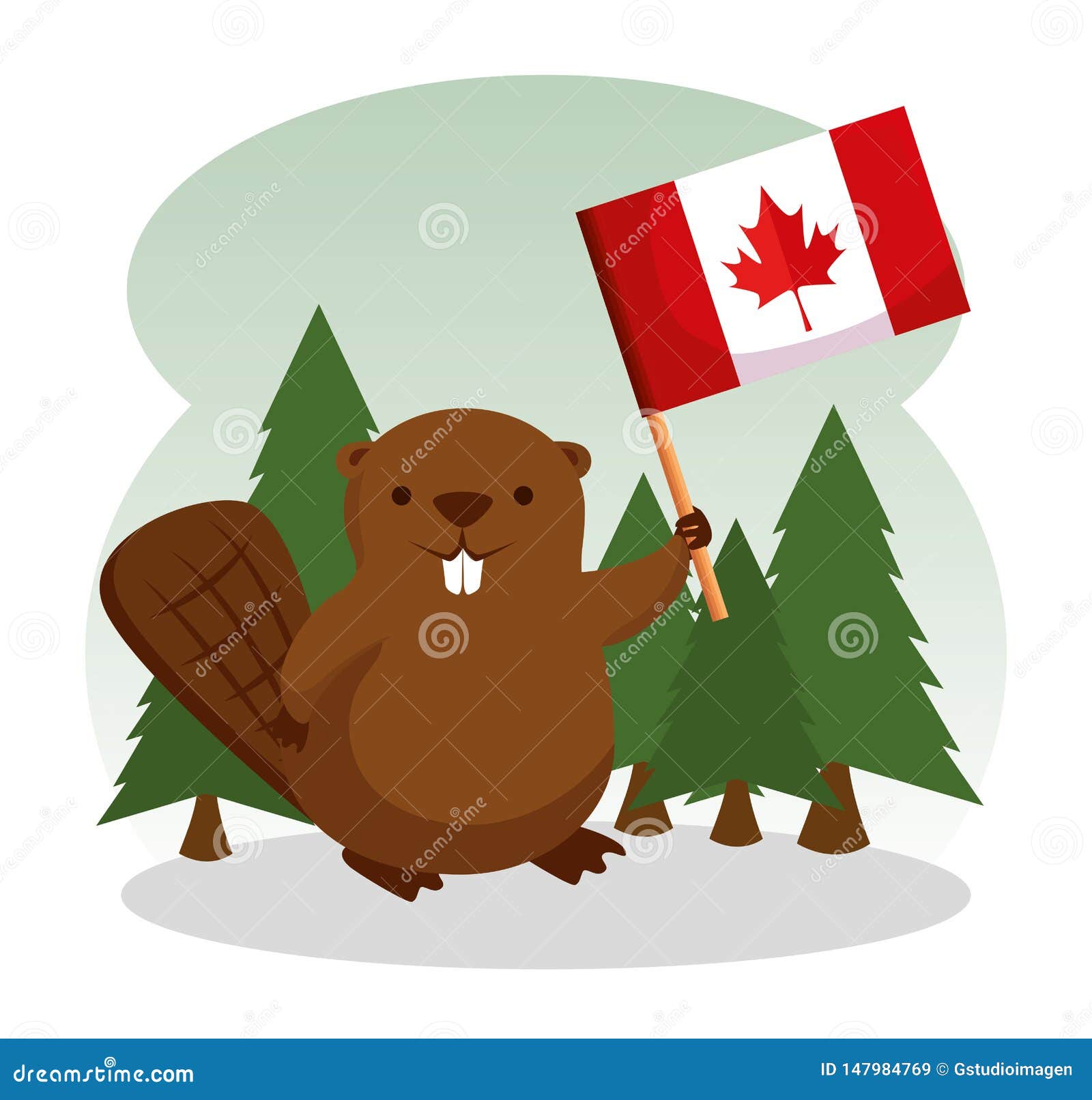 Beaver with Canada Flag and Pines Trees Stock Illustration ...