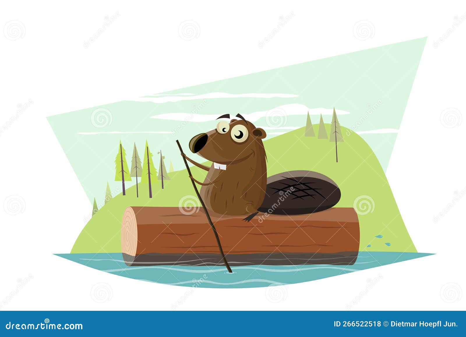 Funny Cartoon Beaver Riding on a Tree Log Stock Vector - Illustration ...