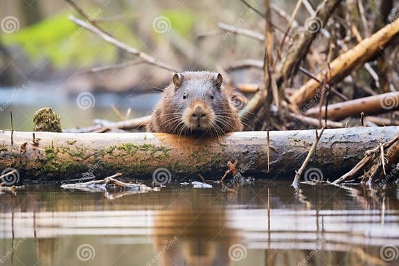 A Beaver Constructing a Dam with Sticks and Mud Stock Image - Image of ...