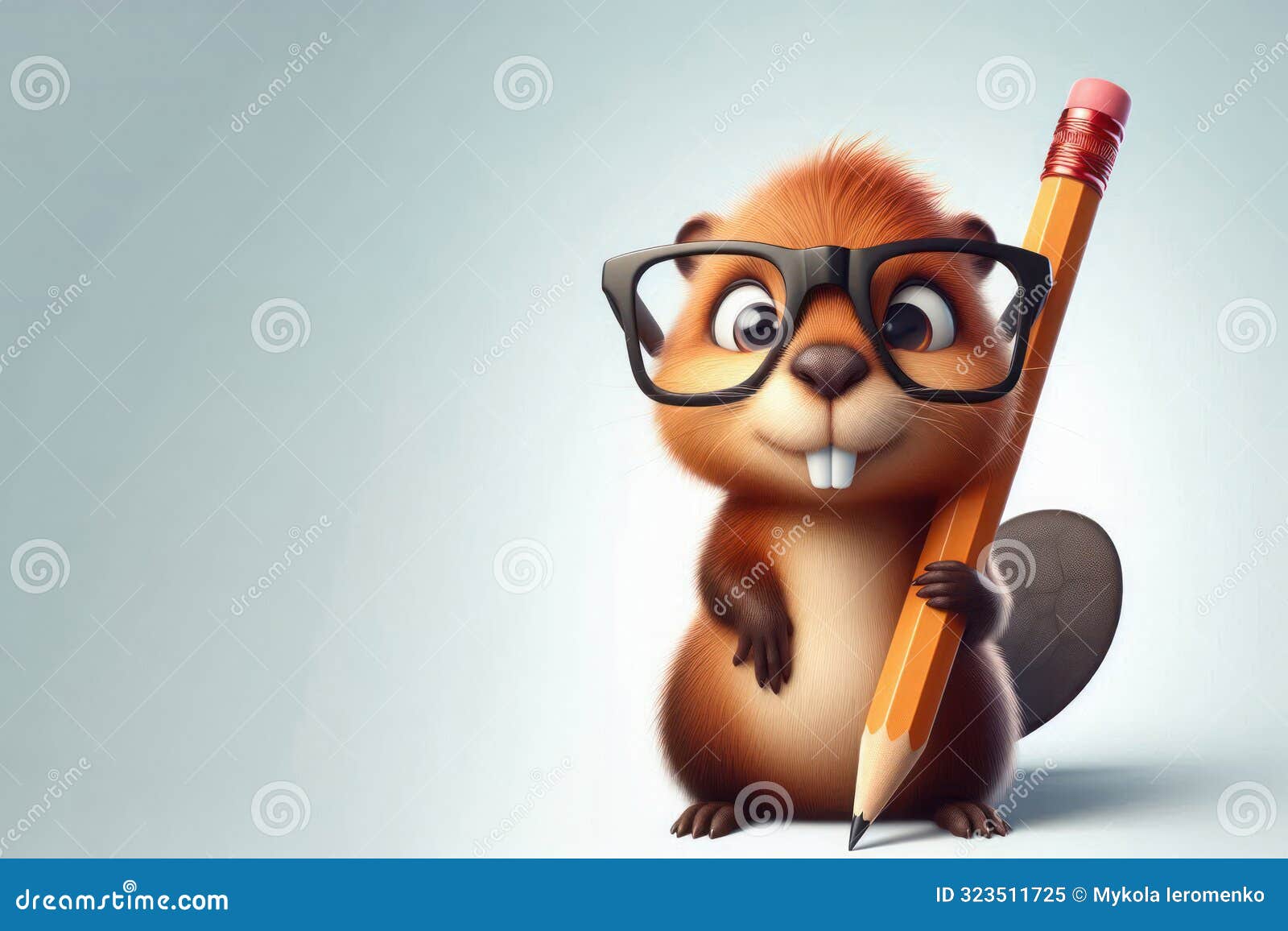 A Beaver with Glasses and Holding a Pencil. Space for Text. Stock Image ...