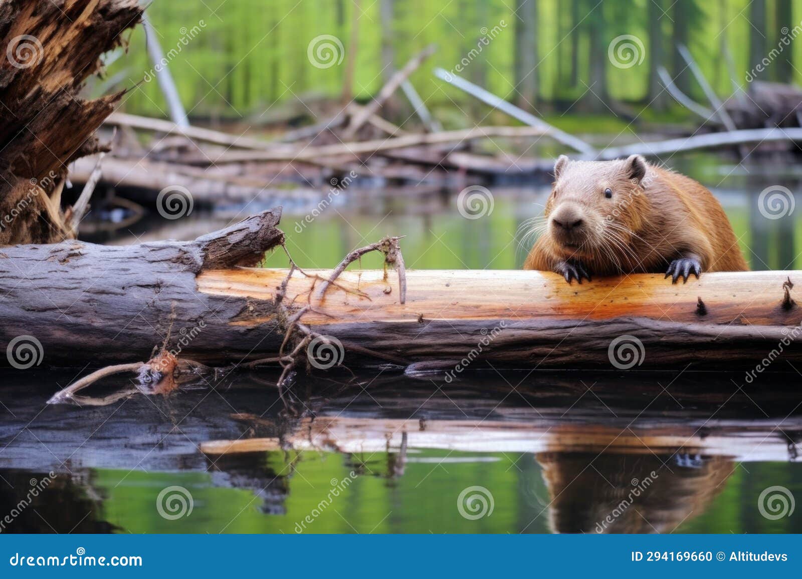 A Beaver Gnawing on Fallen Logs Near a Pond Stock Photo - Image of ...