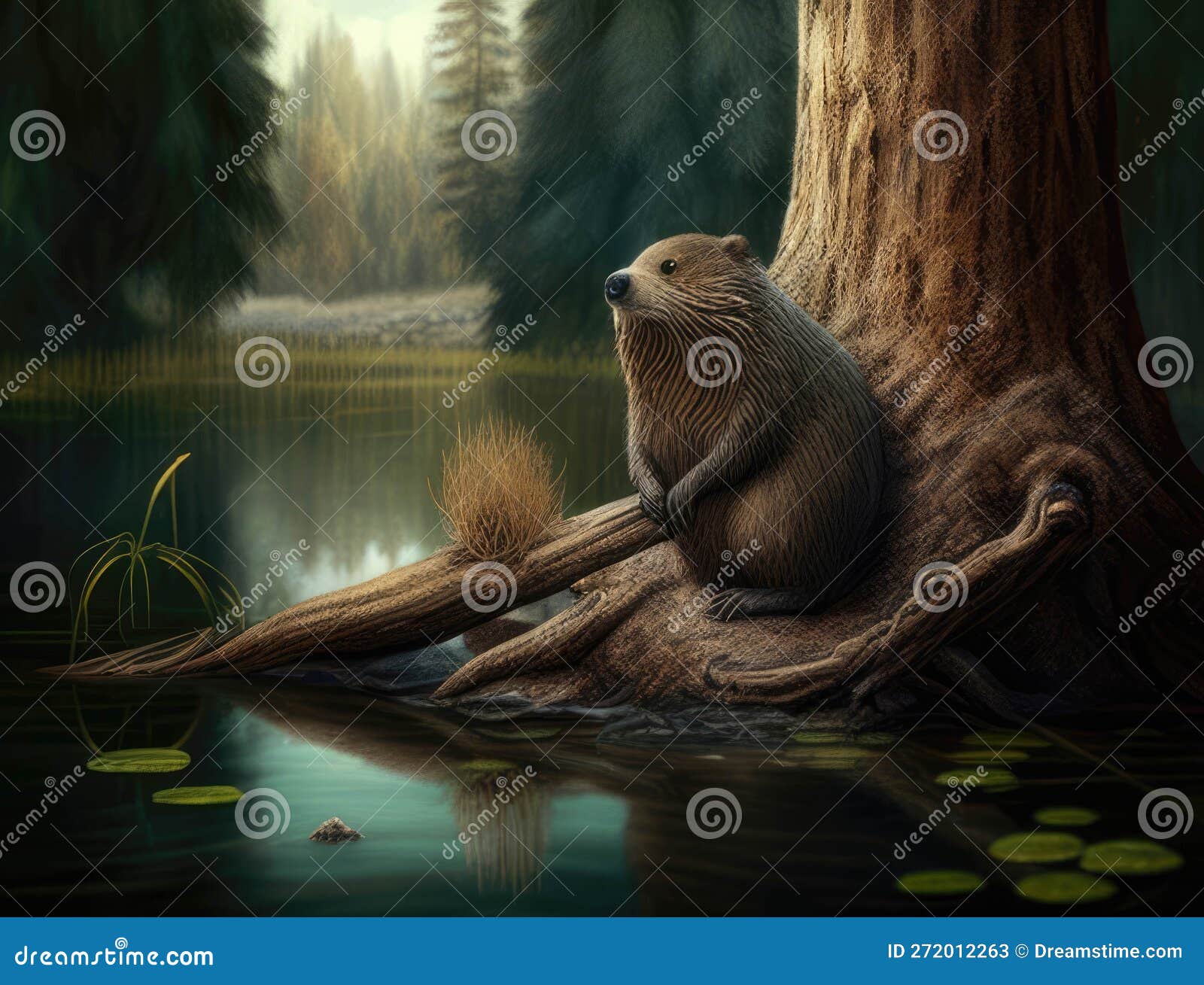 A Beaver Meticulously Chews through a Tree for Its Future Dam. AI ...