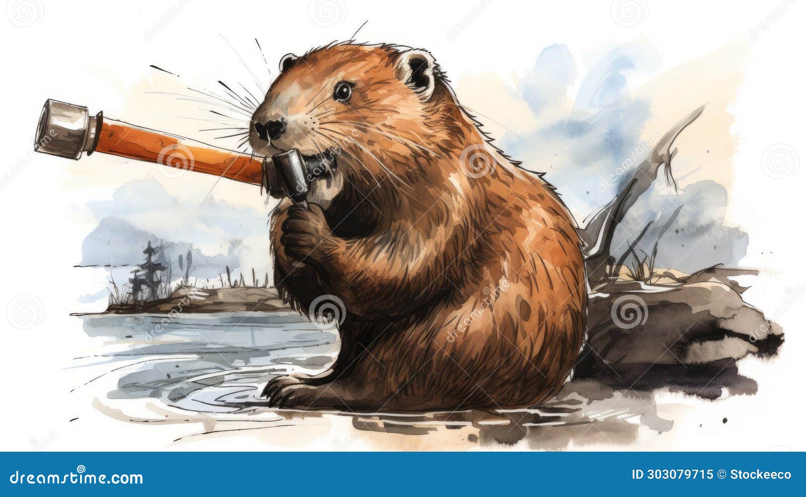 Aggressive Digital Illustration of a Beaver Holding a Drinking Flute ...