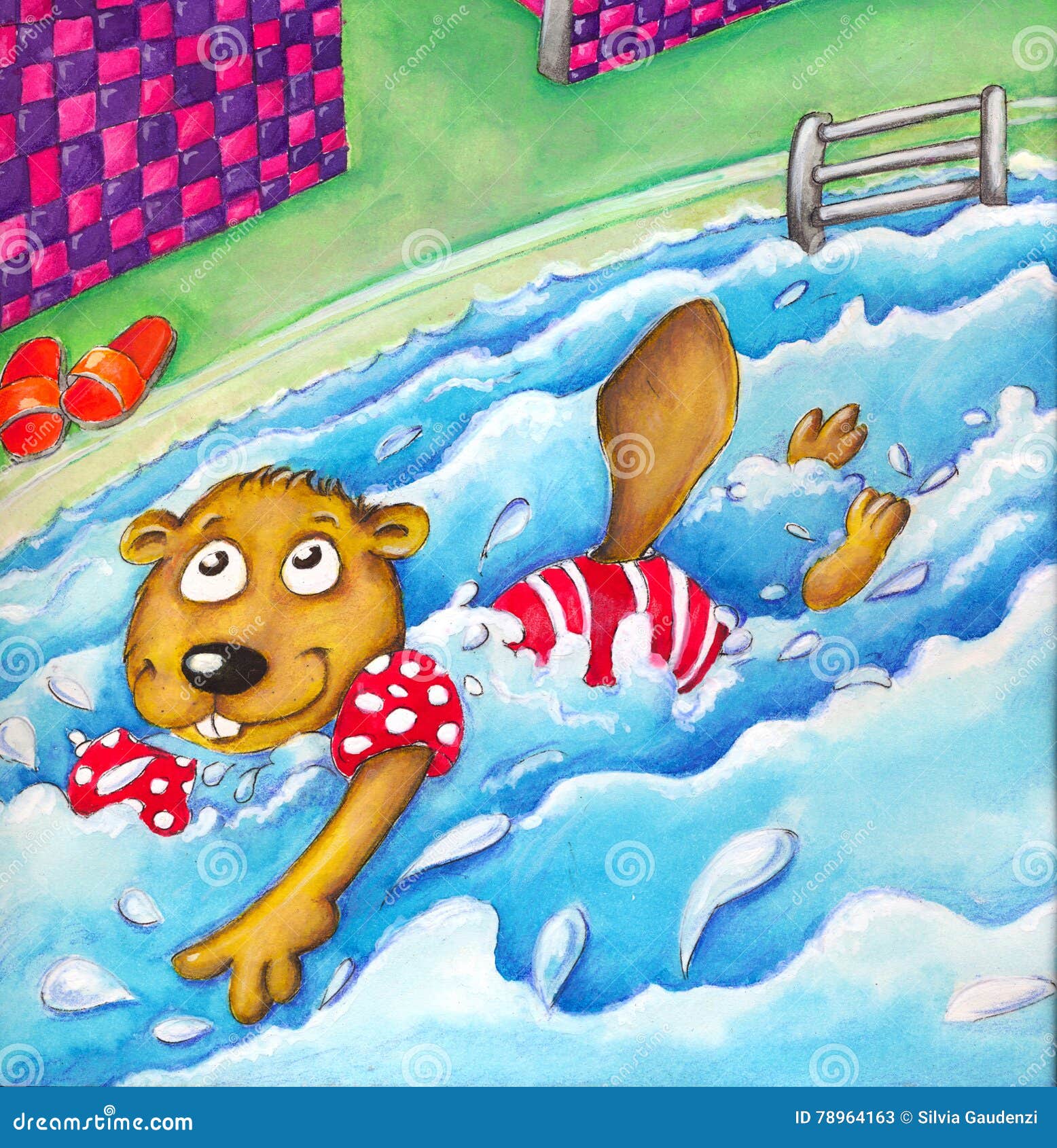 Beaver Swims in the Pool with Armrests Comic Humorist Design Stock ...
