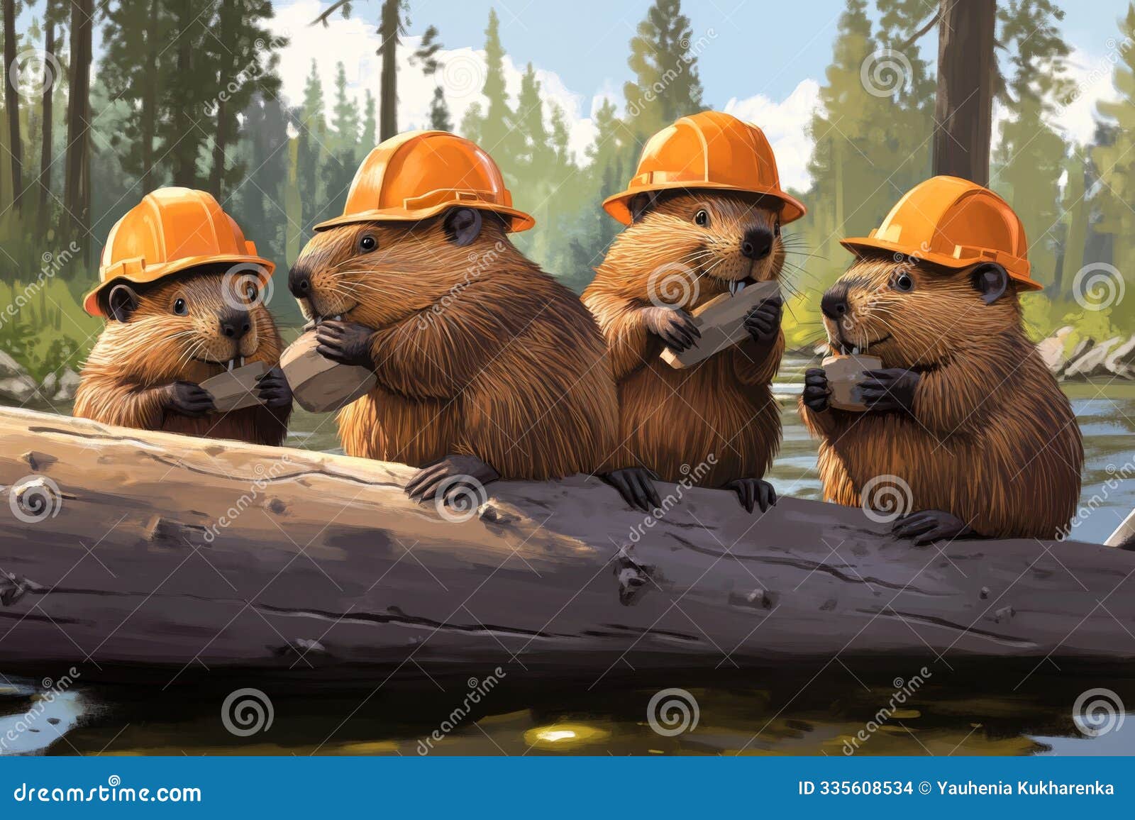 Beavers Building a Dam stock illustration. Illustration of logs - 335608534