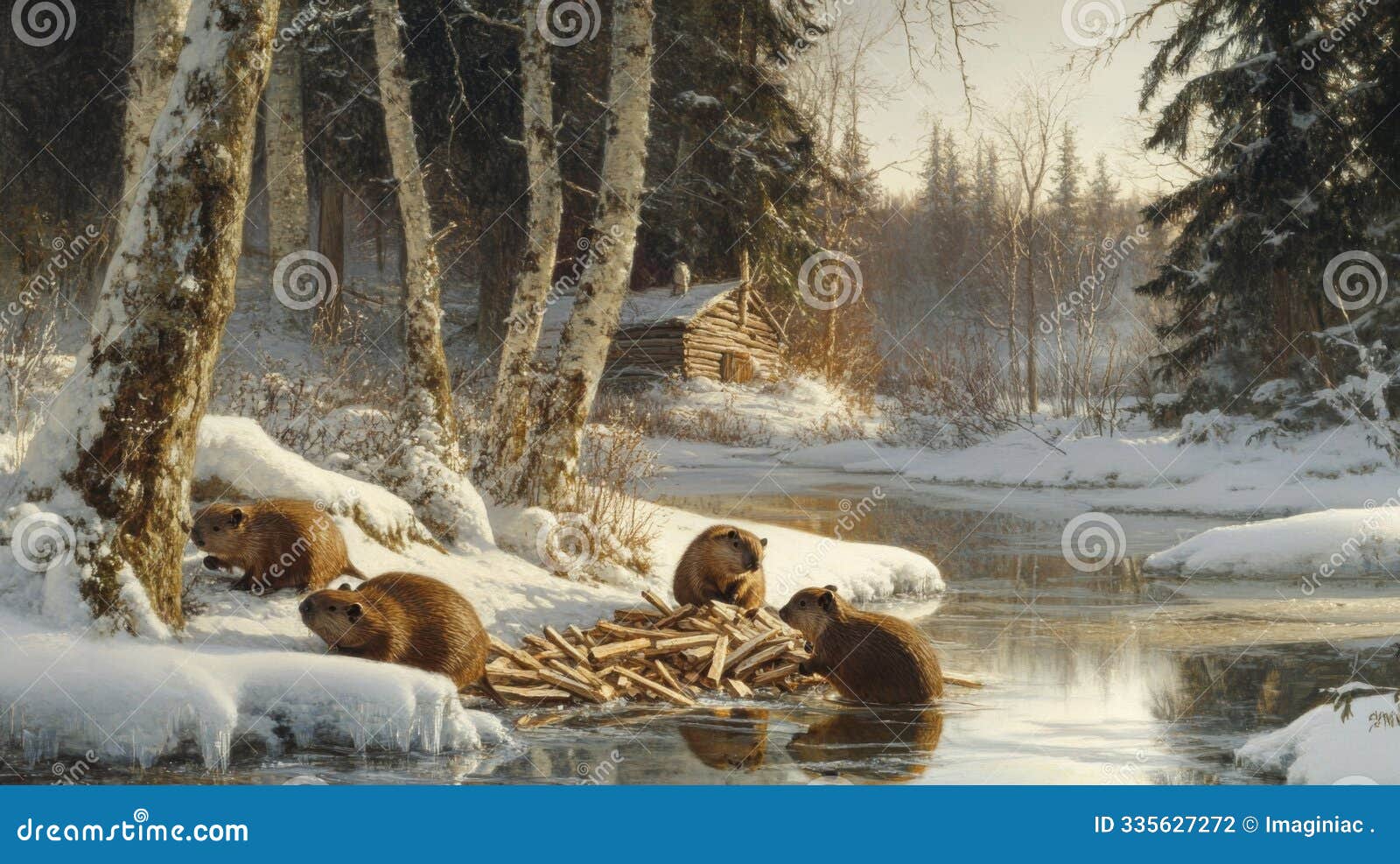 Beavers Building. Cartoon Beaver Team Build Dam On River From Wooden ...