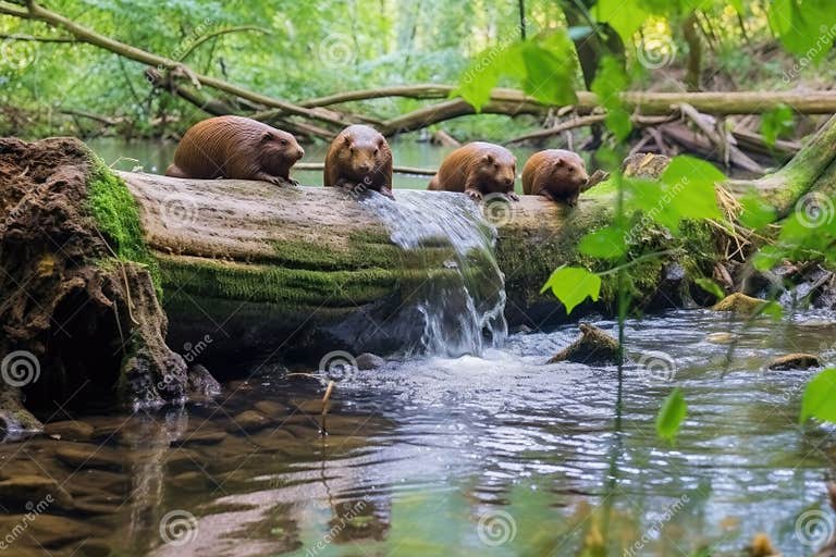 Beavers Hard at Work Constructing Their Dam in a Stream Stock Image ...