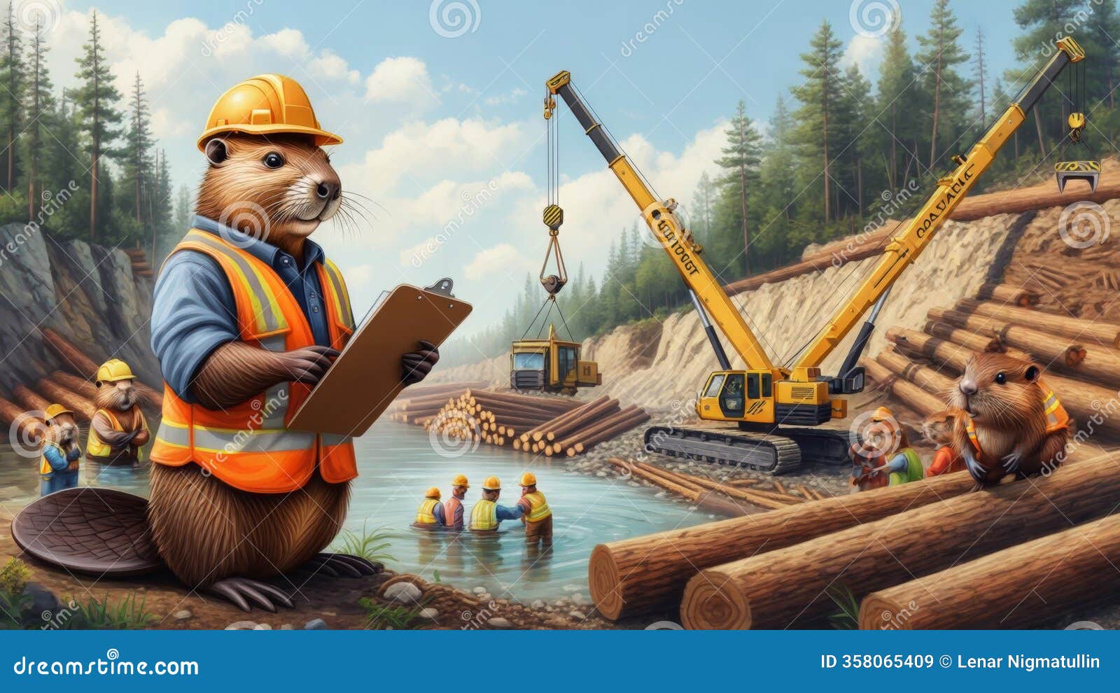 Beavers Working As Lumberjacks, Transporting Logs with Crane and ...