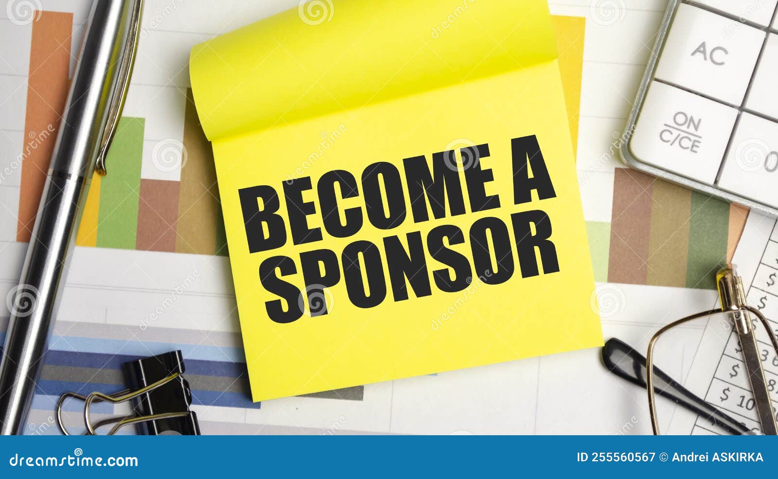 BECOME a SPONSOR Text on the Yellow Paper with Pen and Glasses Stock ...