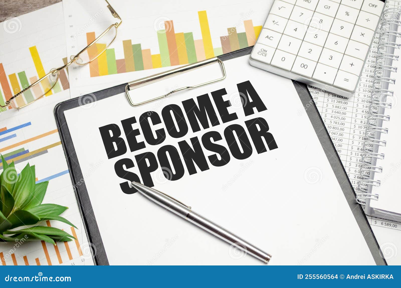 BECOME a SPONSOR Words on Paper Tablet and Charts Stock Photo - Image ...