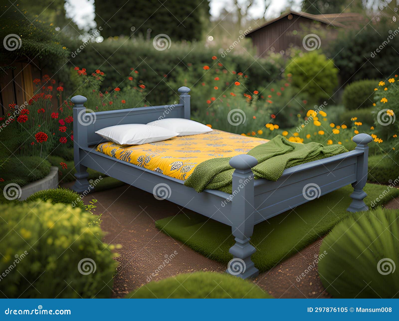 Bed in the Beautiful Garden Stock Illustration - Illustration of design ...