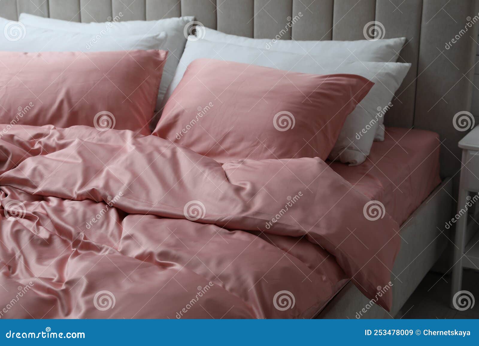 Bed with Beautiful Pink Silk Linens Indoors Stock Image - Image of ...