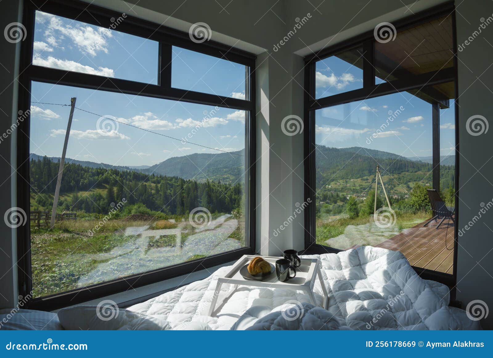 Bed with Big Windows and Stunning Mountains View Stock Image - Image of ...