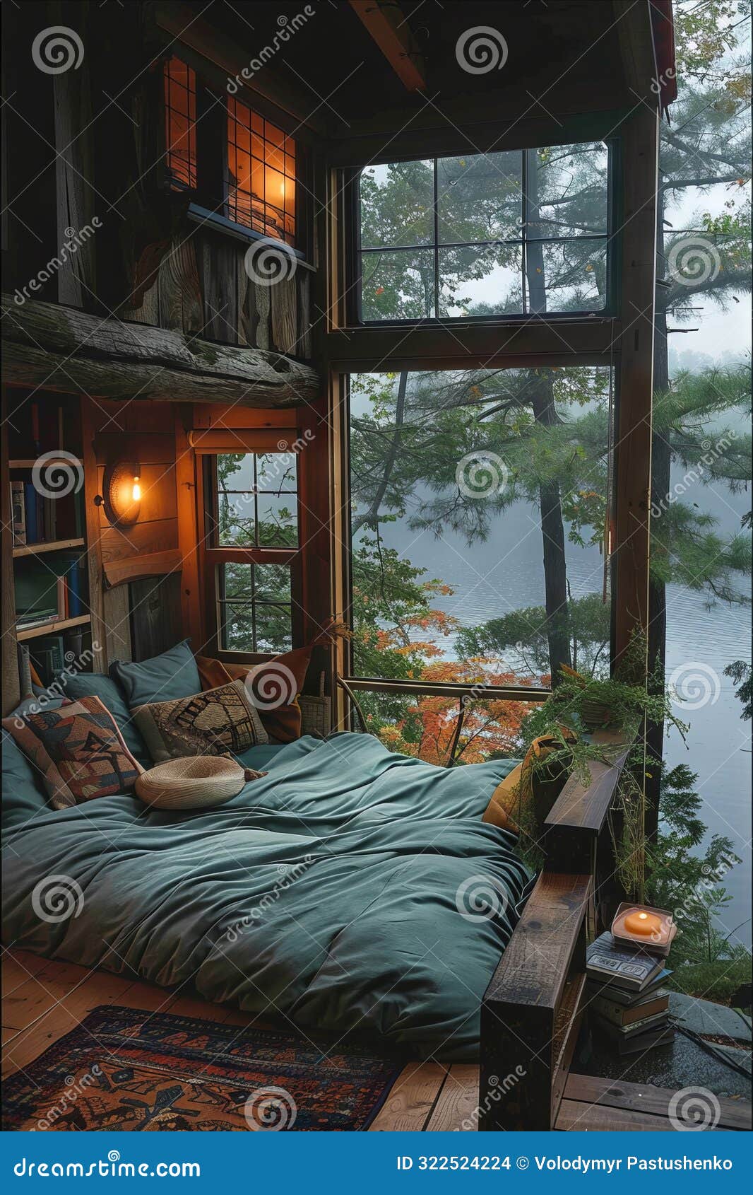 A Bed in a Cabin with a View of the Forest Stock Photo - Image of lake ...