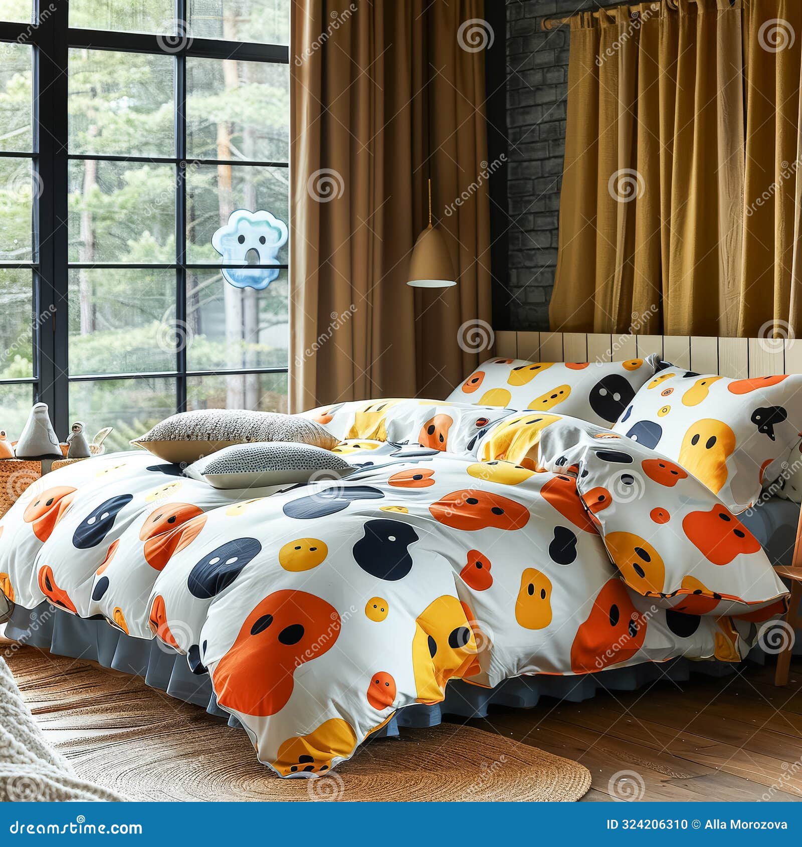 A Bed with a Cartoonish Design on the Sheets and Pillows. Stock Photo ...