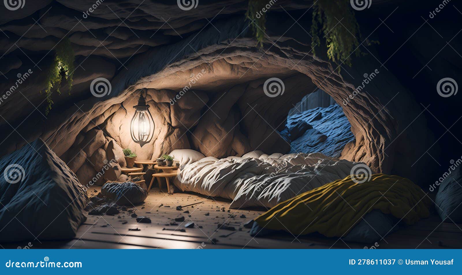 A Bed in a Cave with a Light on Created with Generative AI Technology ...