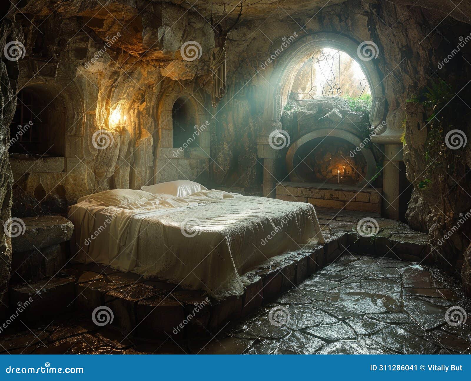 Bed in Cave Room with Stone Fireplace Stock Image - Image of room, rock ...