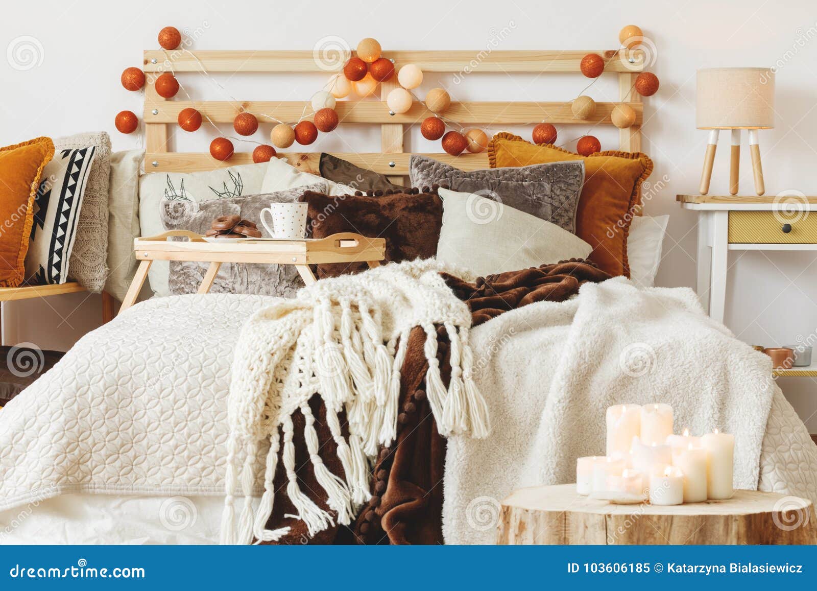 Bed covered with blankets stock image. Image of monochromatic - 103606185