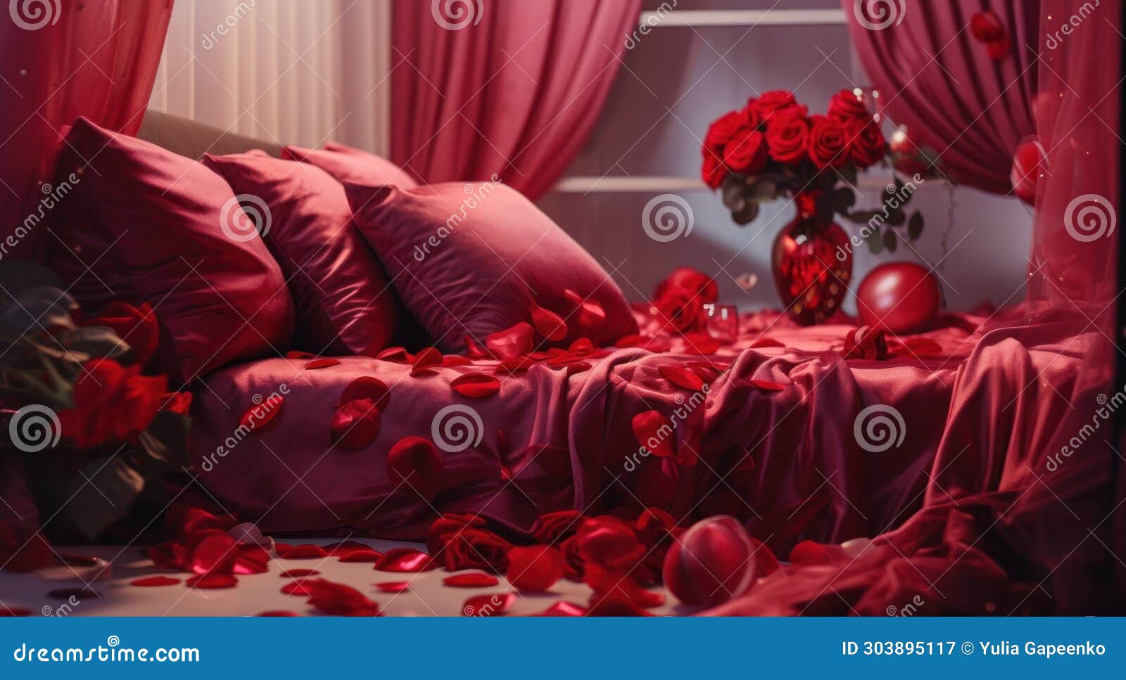 The Bed is Decorated with Red Balloons and Red Roses Stock Image ...