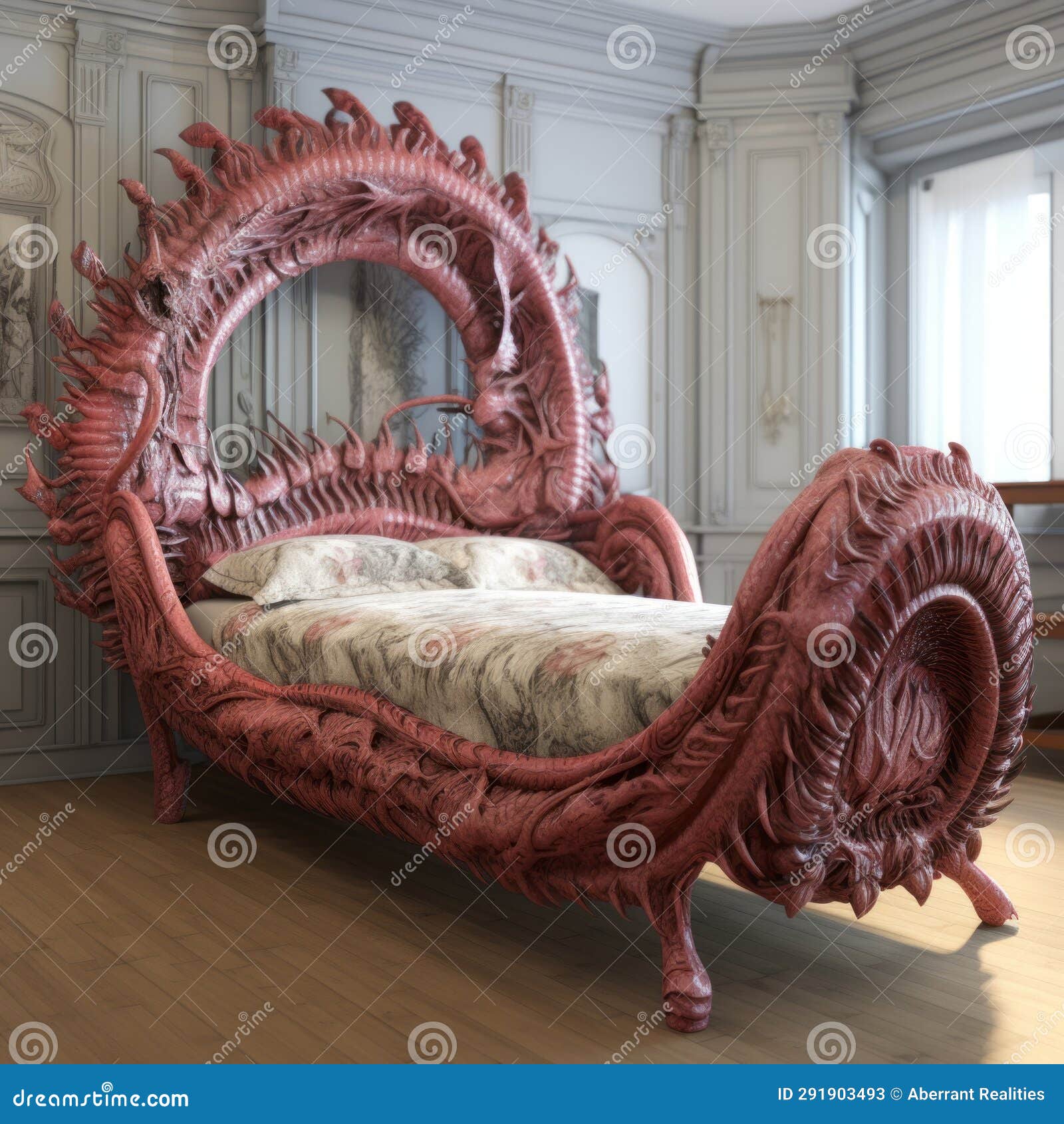 A Bed with a Dragon Head on it in a Room Stock Illustration ...
