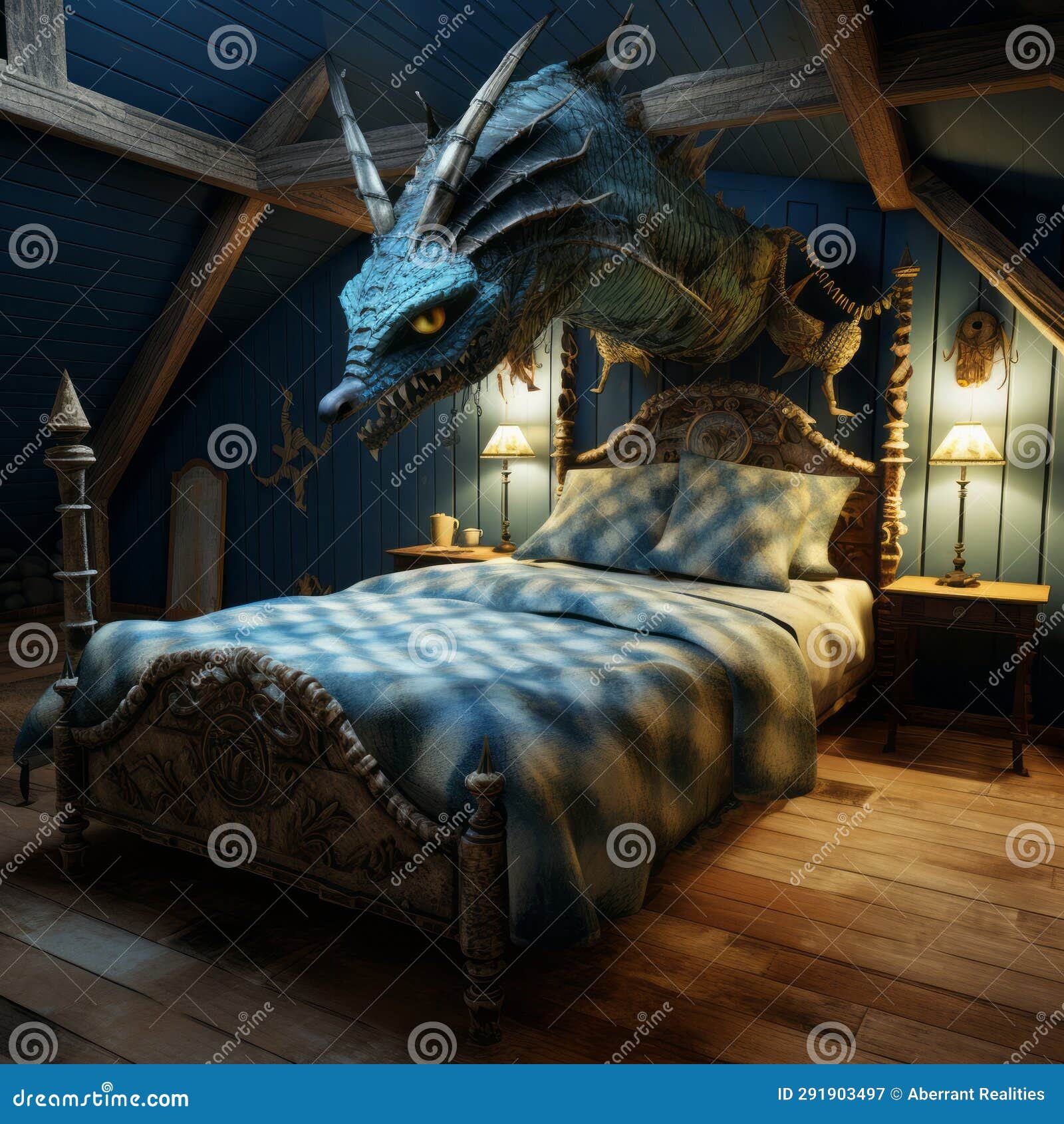A Bed with a Dragon Head on Top of it Stock Illustration - Illustration ...