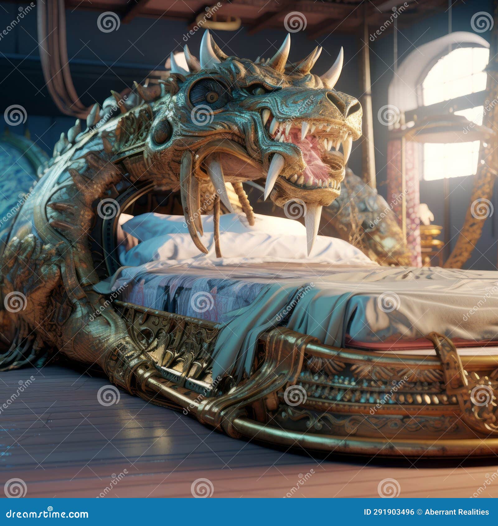 A Bed with a Dragon Head on Top of it Stock Illustration - Illustration ...