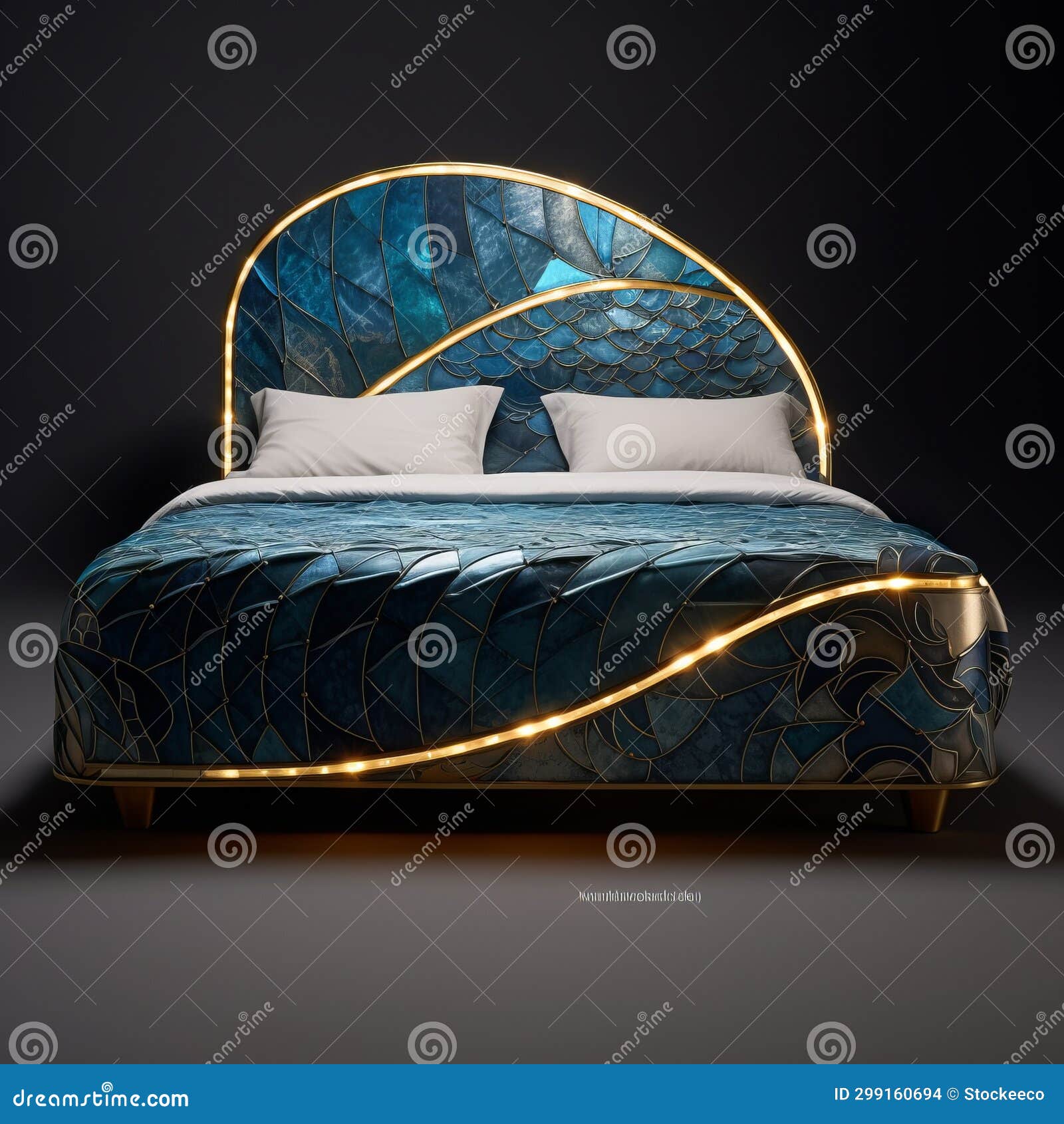 Blue Decorative Print Bed with Futuristic Chromatic Waves Stock ...