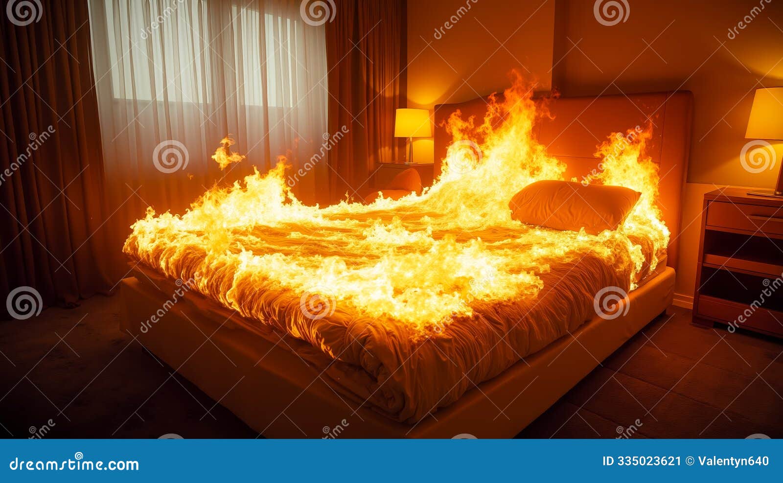 A Bed with a Fire Burning on Top of it in a Bedroom Stock Image - Image ...