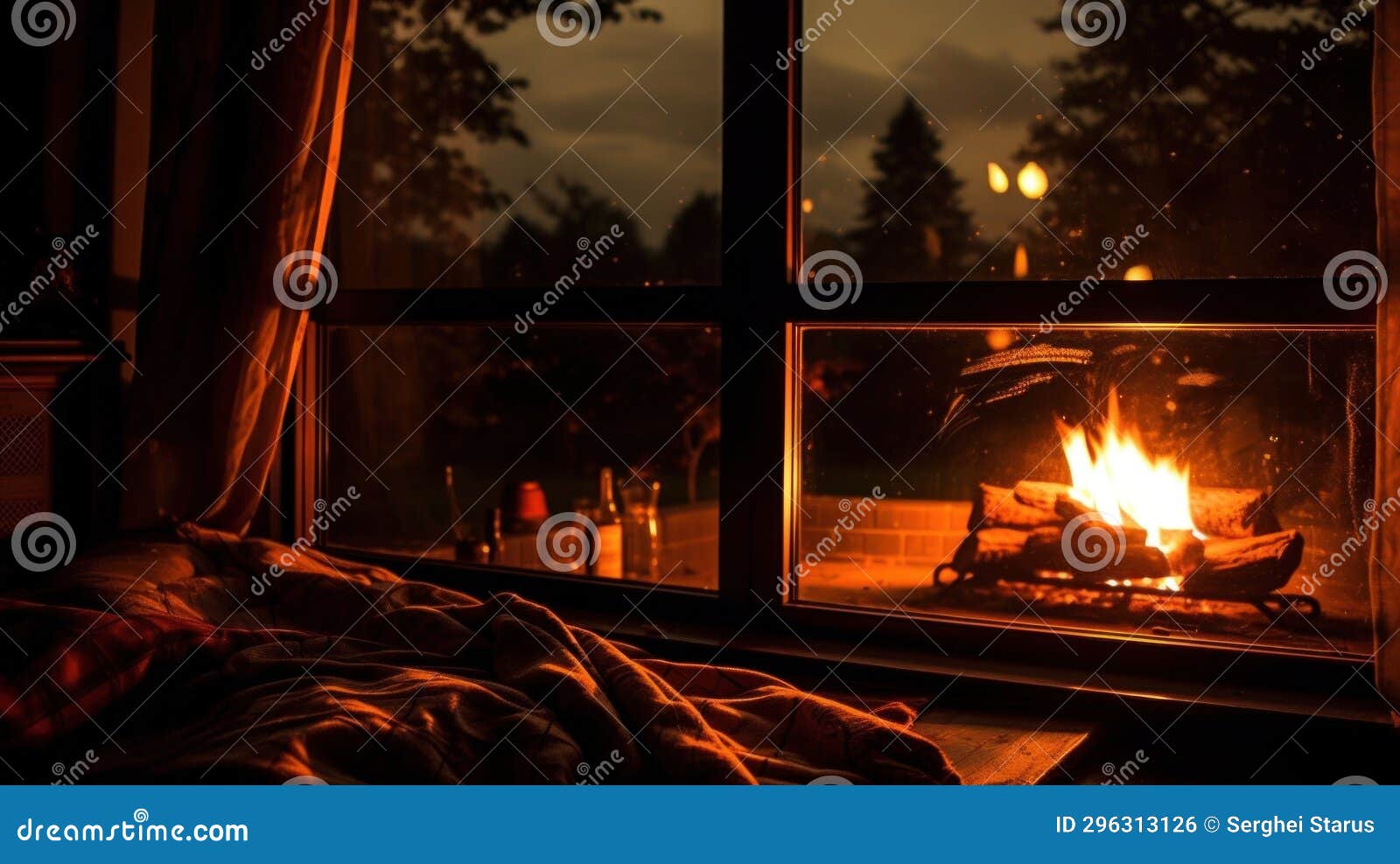 A Bed with a Fire Lit in Front of the Window, AI Stock Photo - Image of ...