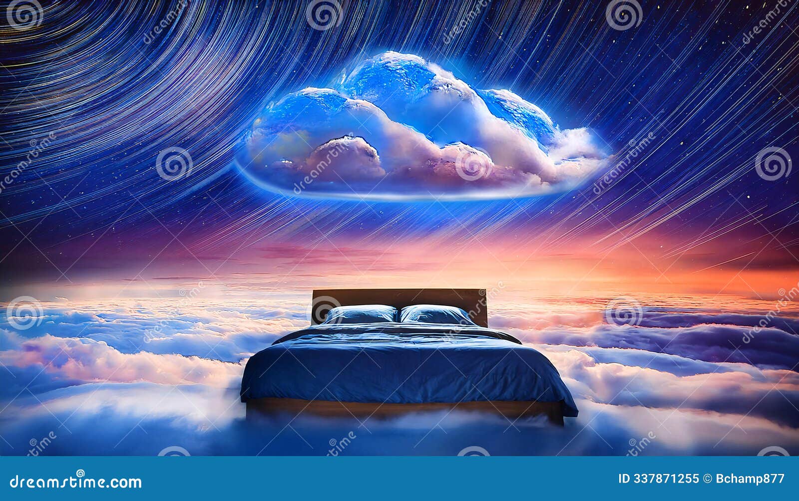 Bed Floating in the Clouds of the Cosmos with a Dream Bubble Above it ...