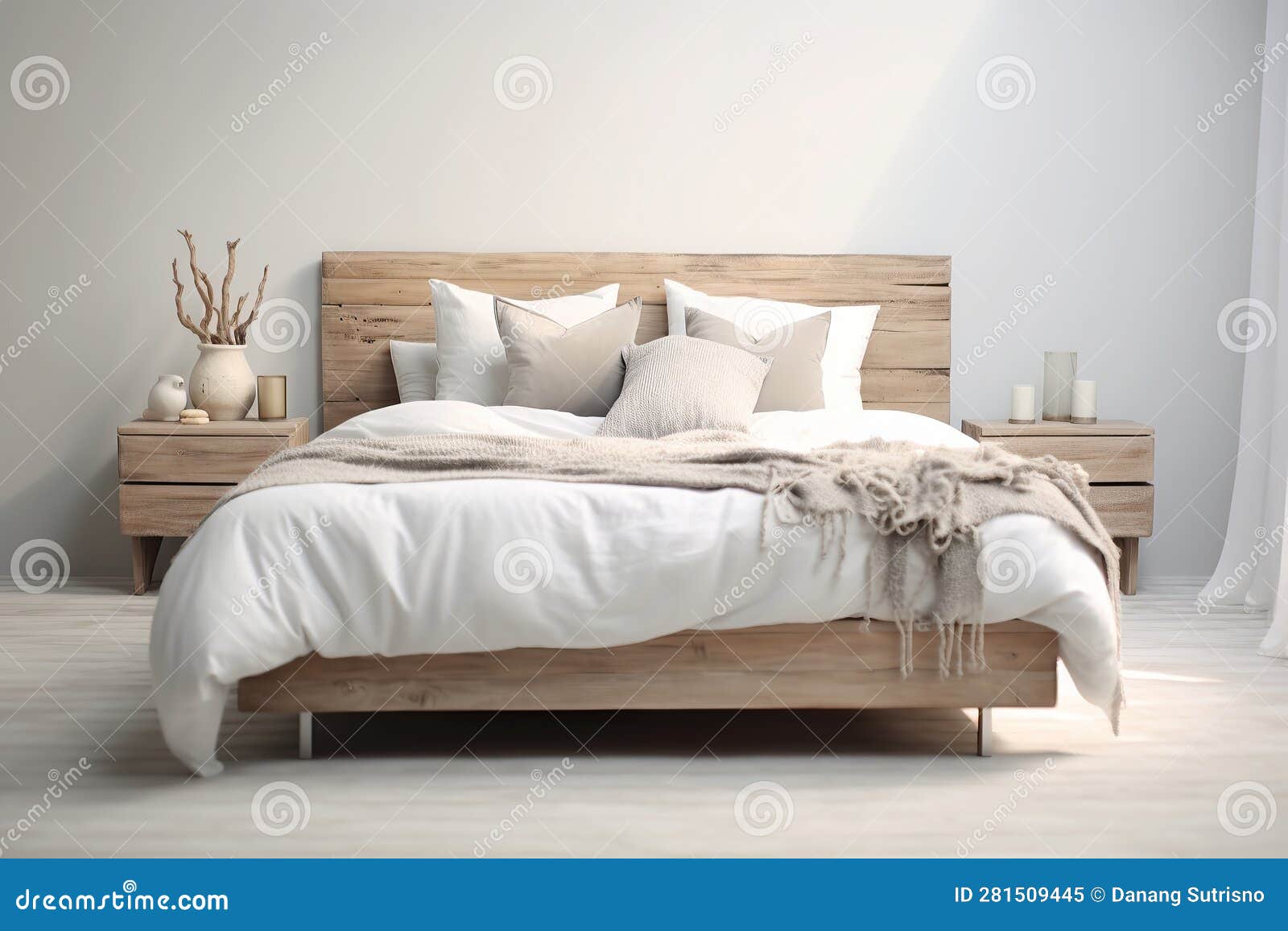 Bed, Front View, Light Wood and White Generative AI Stock Illustration ...